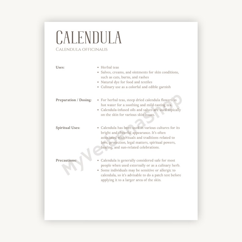 Calendula Herbal Printable - Detailed Plant Guide & Uses - Spiritual ...