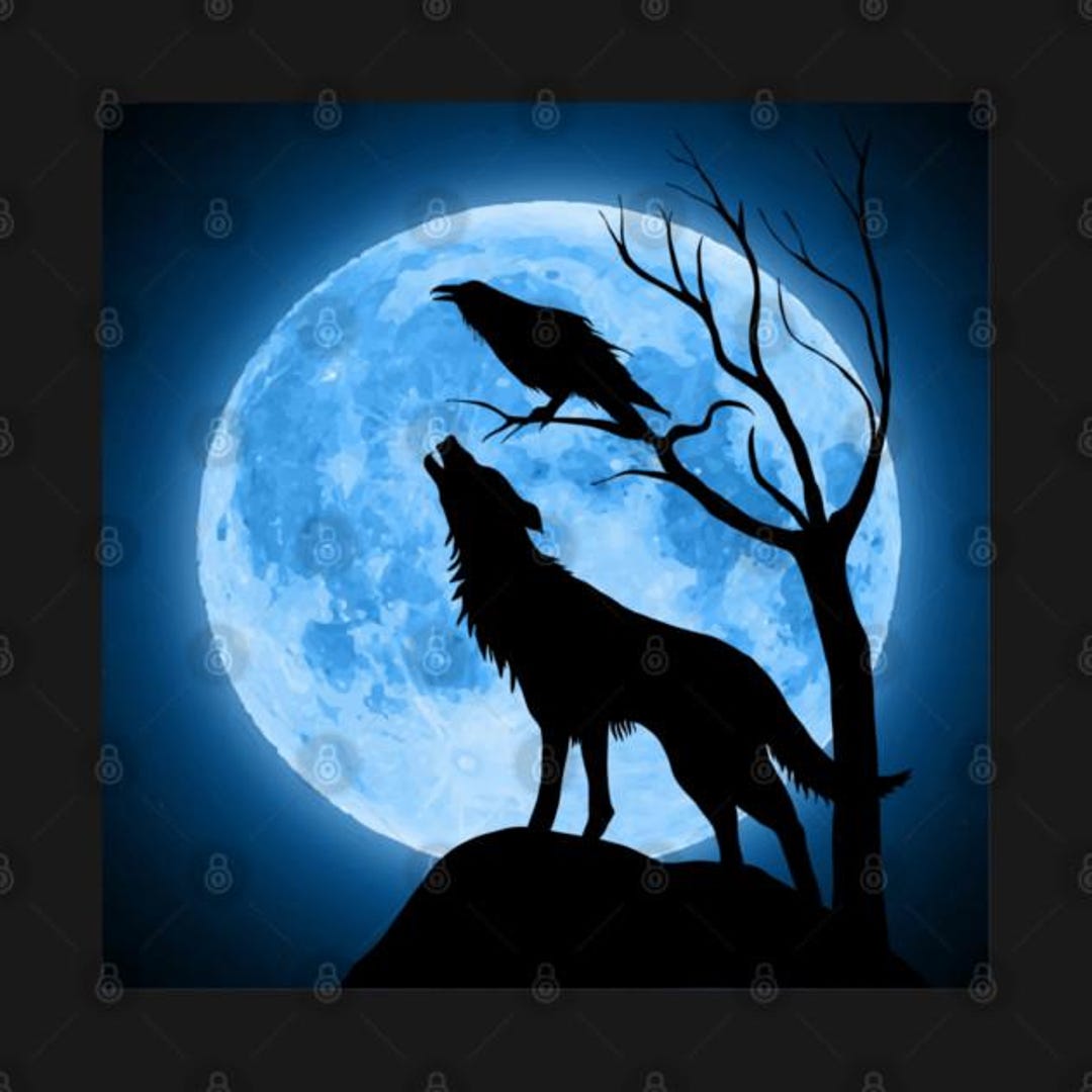 Wolf Howling at Blue Moon Digital Art Print • Raven on Tree Silhouette ...