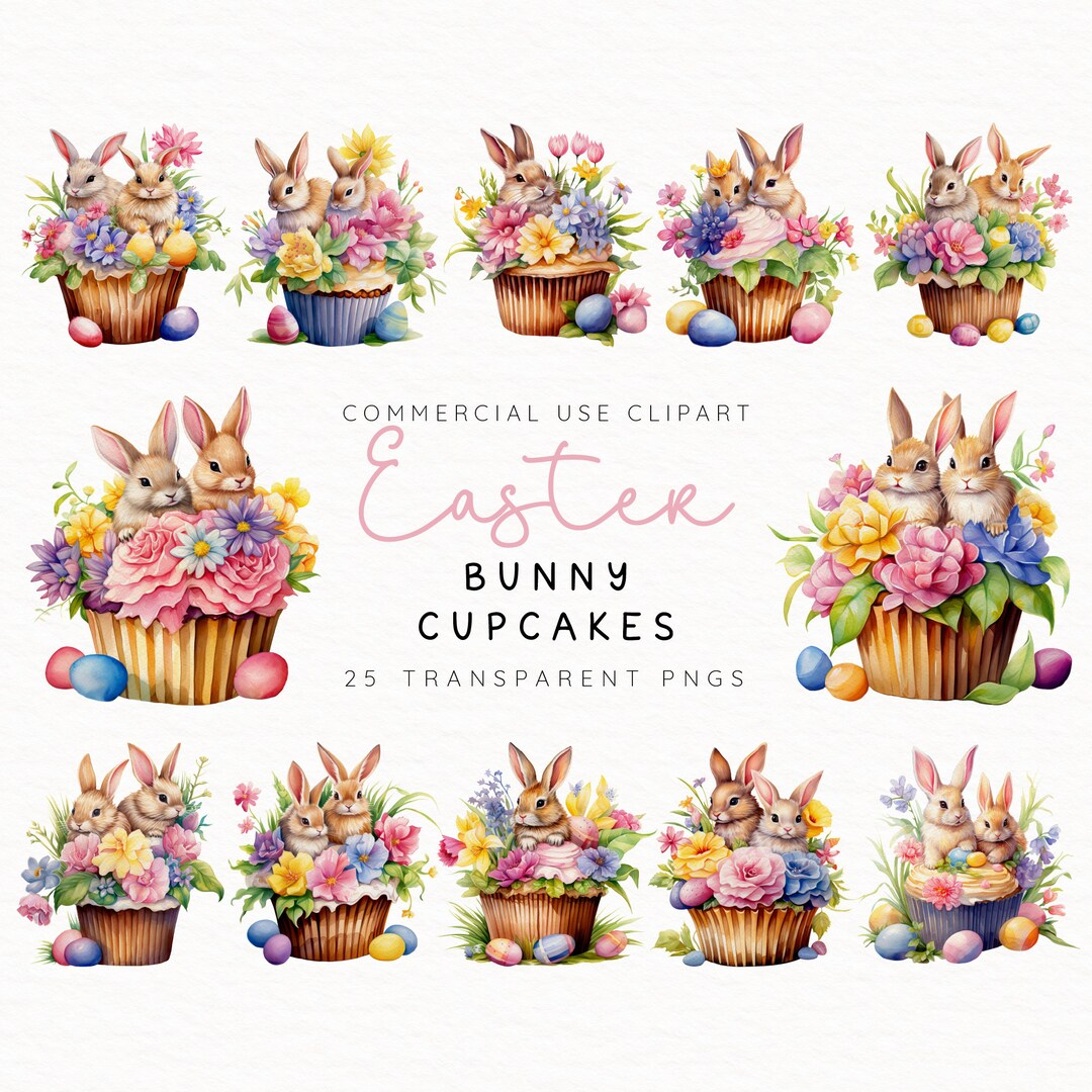 Easter Bunny Cupcake Clip Art | Watercolor Clipart | Floral Easter ...