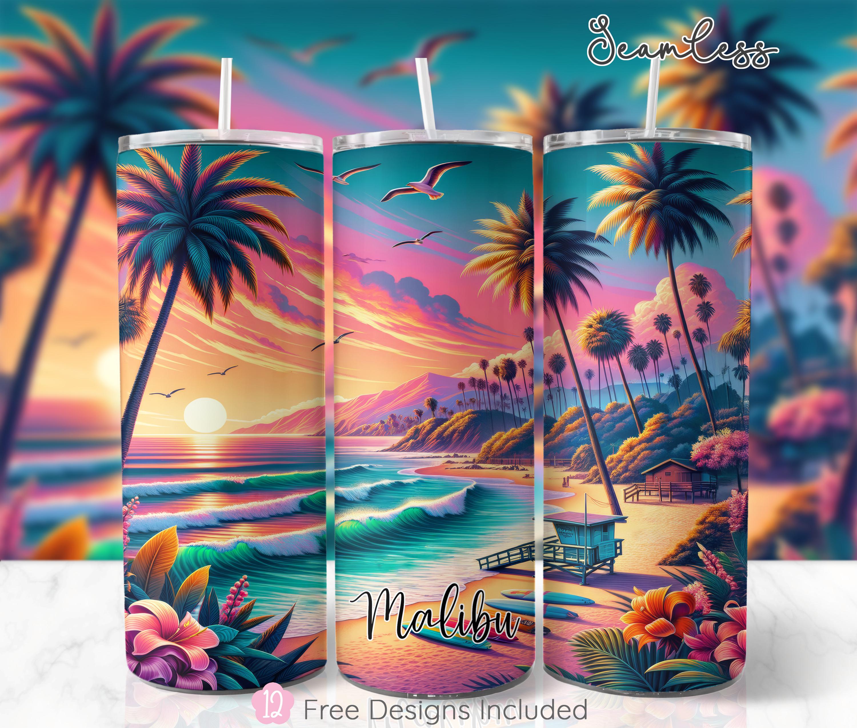 Malibu Sunset 20oz Skinny Tumbler Wrap, Beach Front Ocean Sublimation ...
