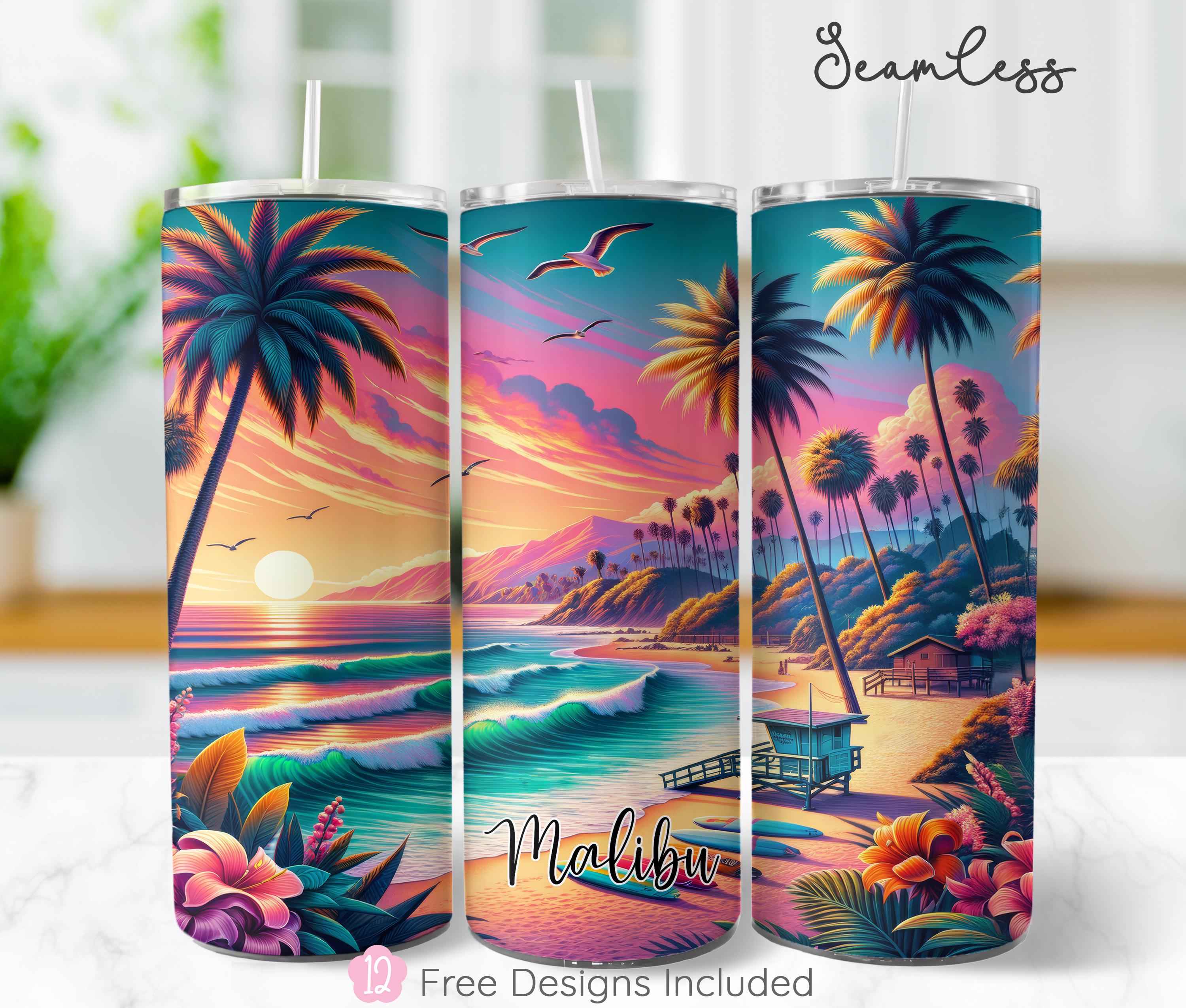 Malibu Sunset 20oz Skinny Tumbler Wrap, Beach Front Ocean Sublimation ...