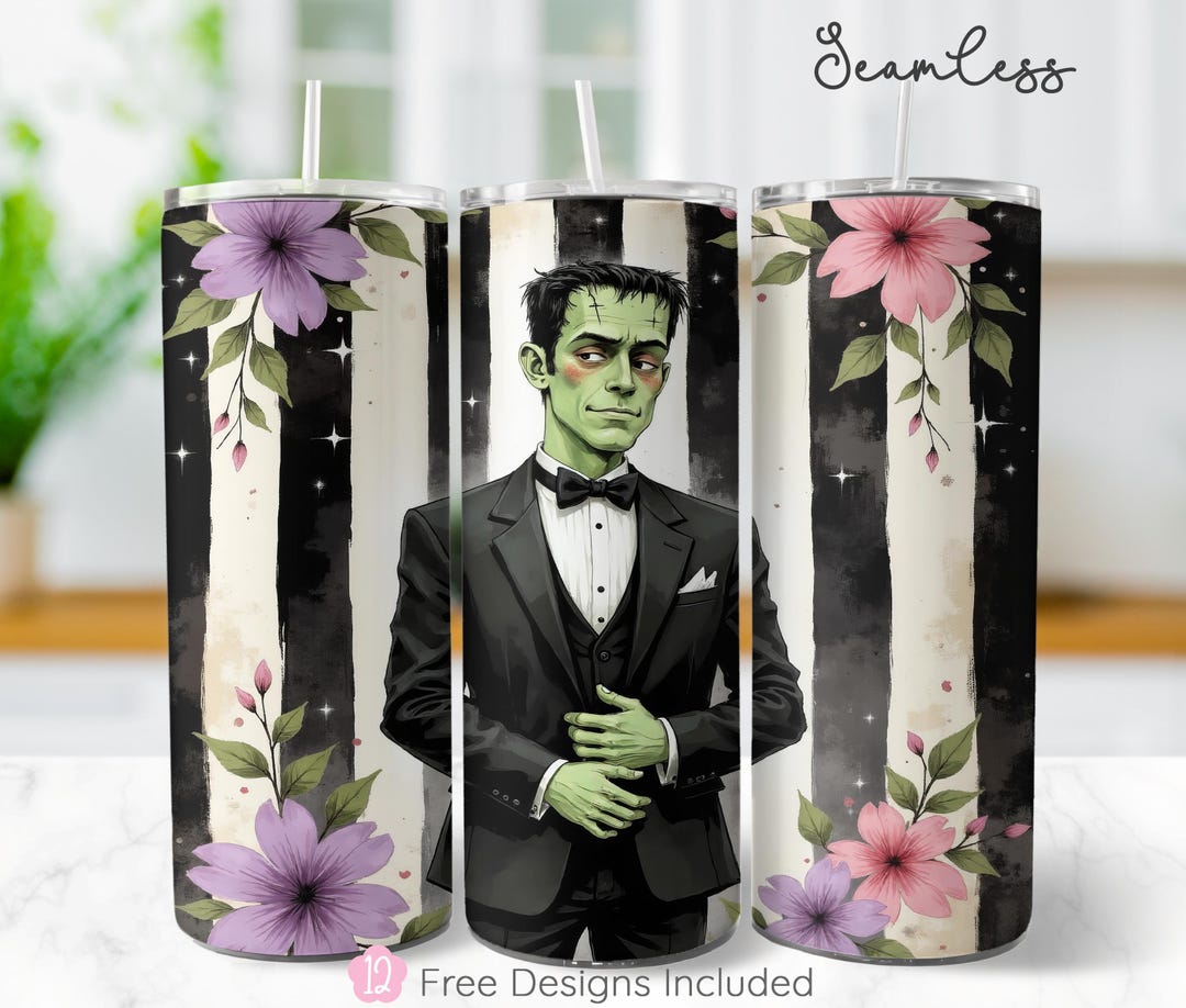 Frankenstein Tumbler Wrap PNG: Gothic Floral Sublimation Design ...
