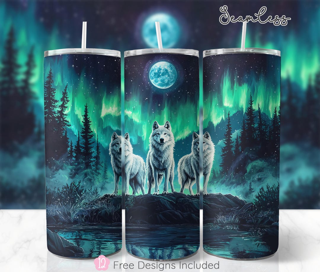 Northern Lights Wolfpack 20 Oz Seamless Tumbler Wrap, Aurora Borealis ...