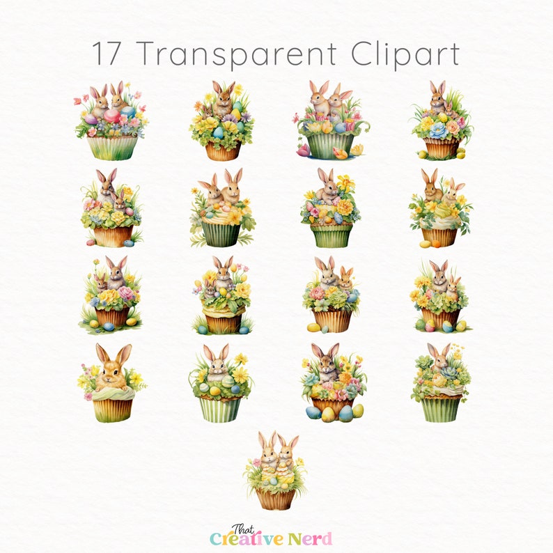 Easter Bunny Cupcake Clip Art | Watercolor | Floral Easter ...