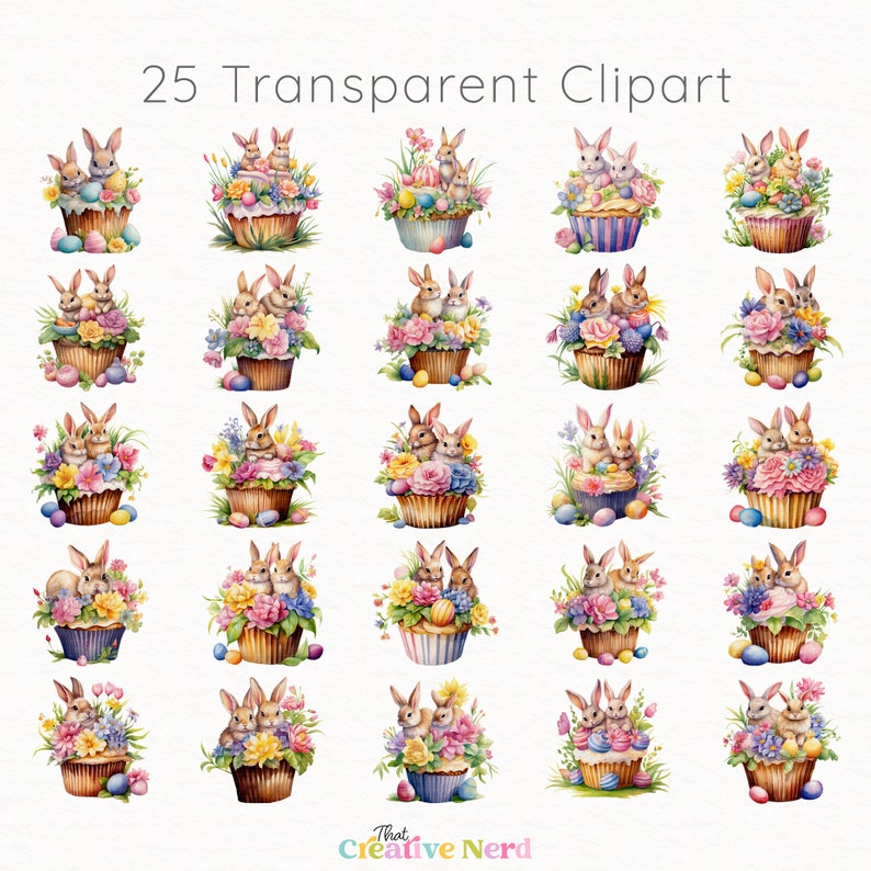 Easter Bunny Cupcake Clip Art Watercolor Clipart Floral Easter ...