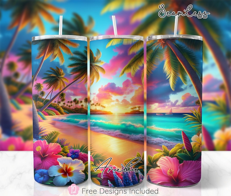 Aruba Tropical Beach Sunset Tumbler Wrap PNG, 20oz Skinny Seamless ...