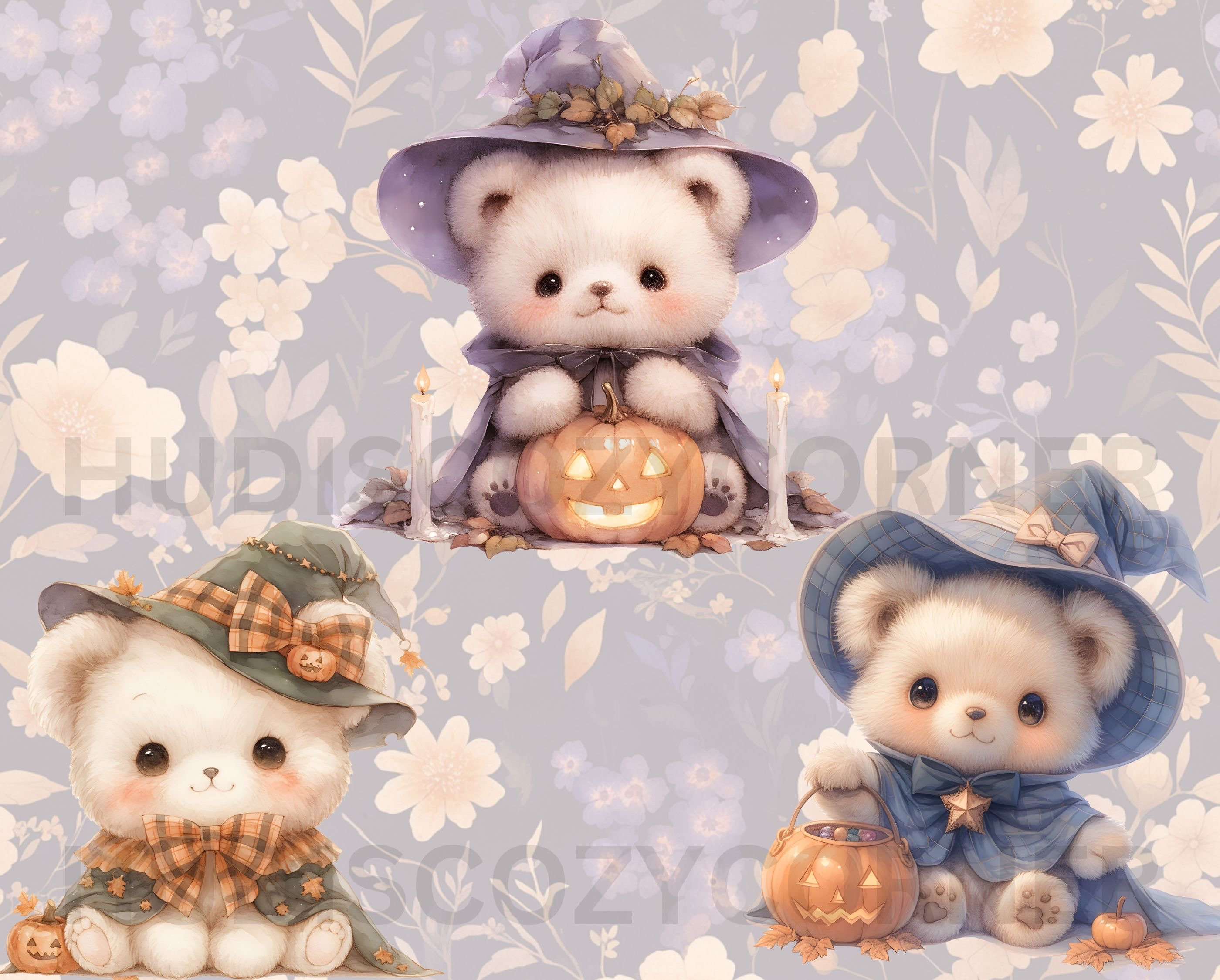 14 Teddy Bear in Witch Costume Clipart, Watercolor Vintage Halloween ...