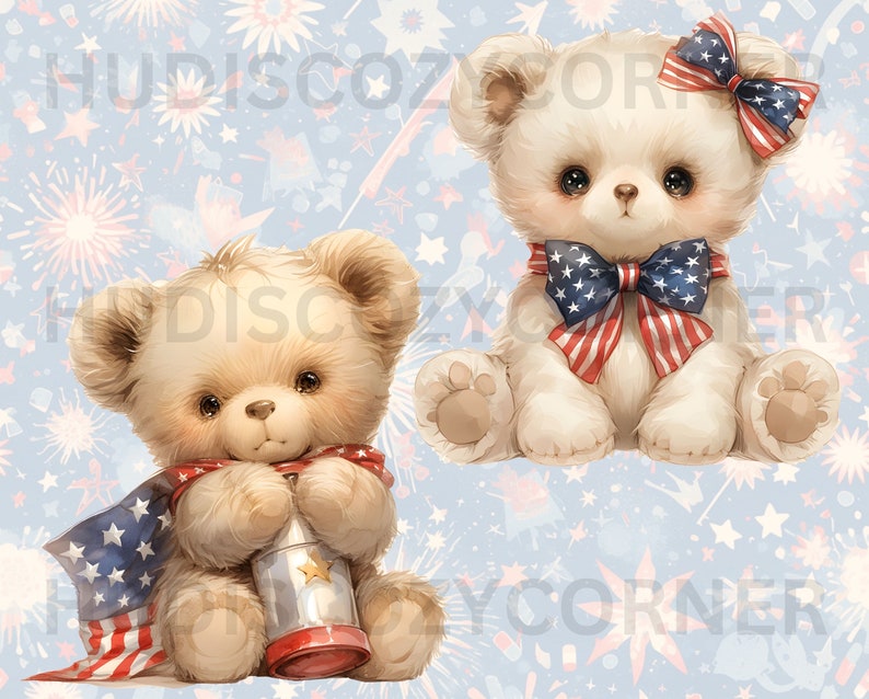 10 Cute 4th of July Teddy Bear Clipart Bundle, Watercolor Baby Bears ...