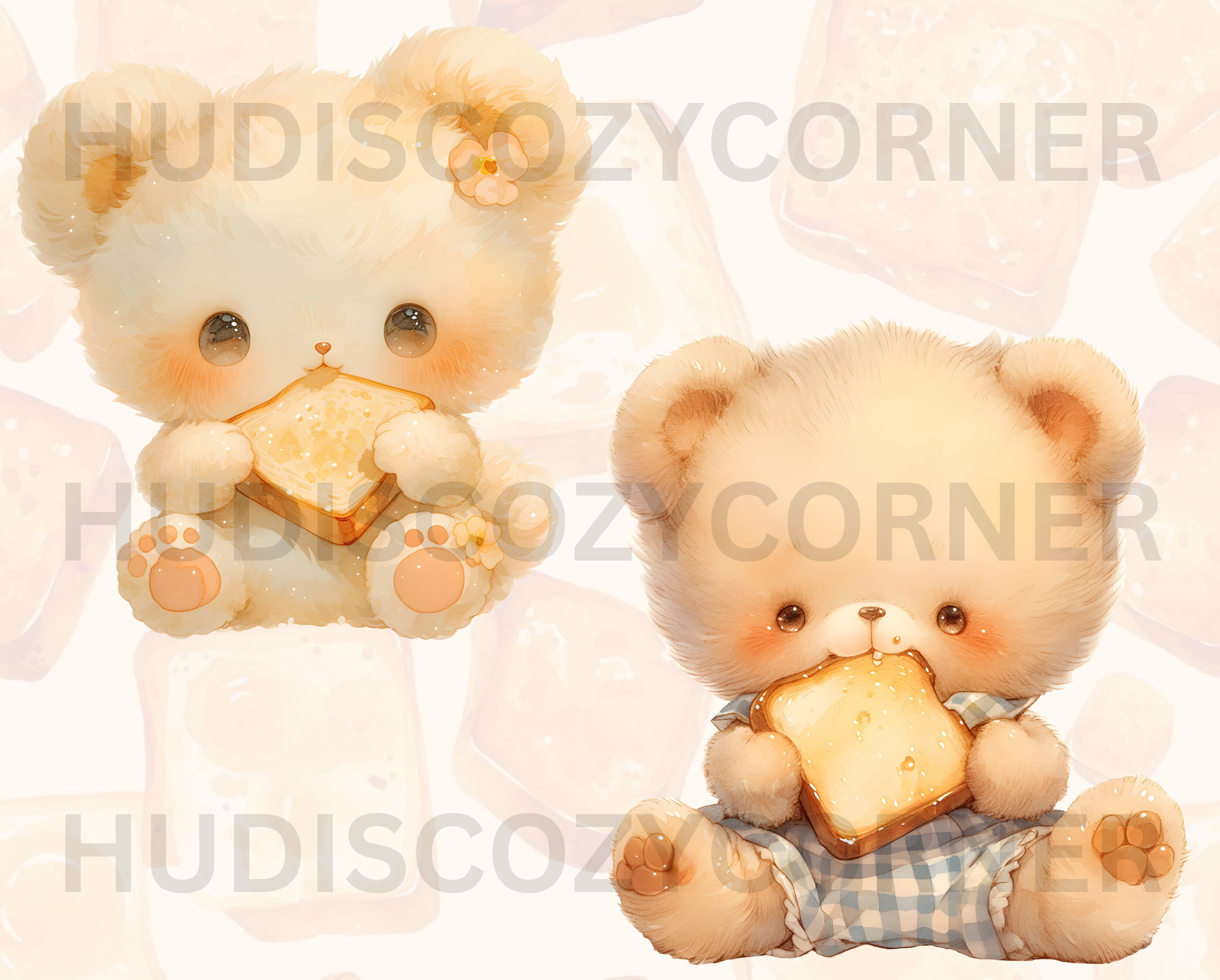 12 Cute Teddy Bear Eating Toast Clipart Bundle, Watercolor Teddies with ...