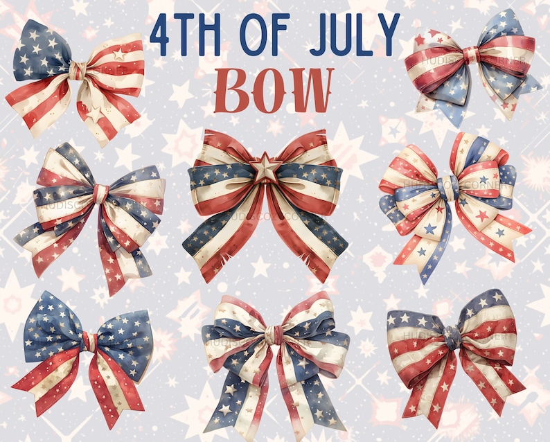 22 Coquette 4th of July Bow Clipart, Watercolor Retro Ribbon of ...