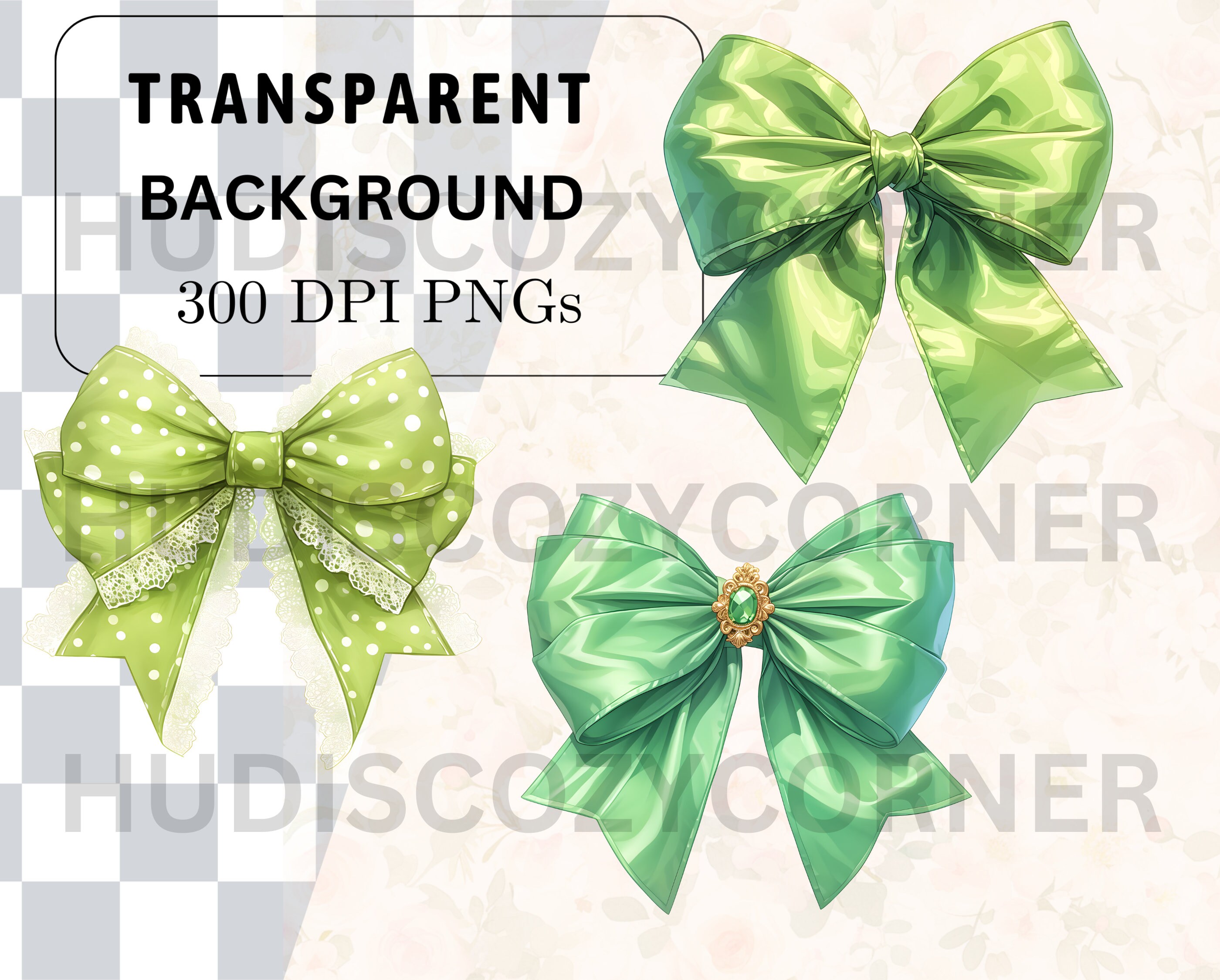 30 Cute Green Gingham Bow Clipart Bundle, Watercolor Green and Emerald ...