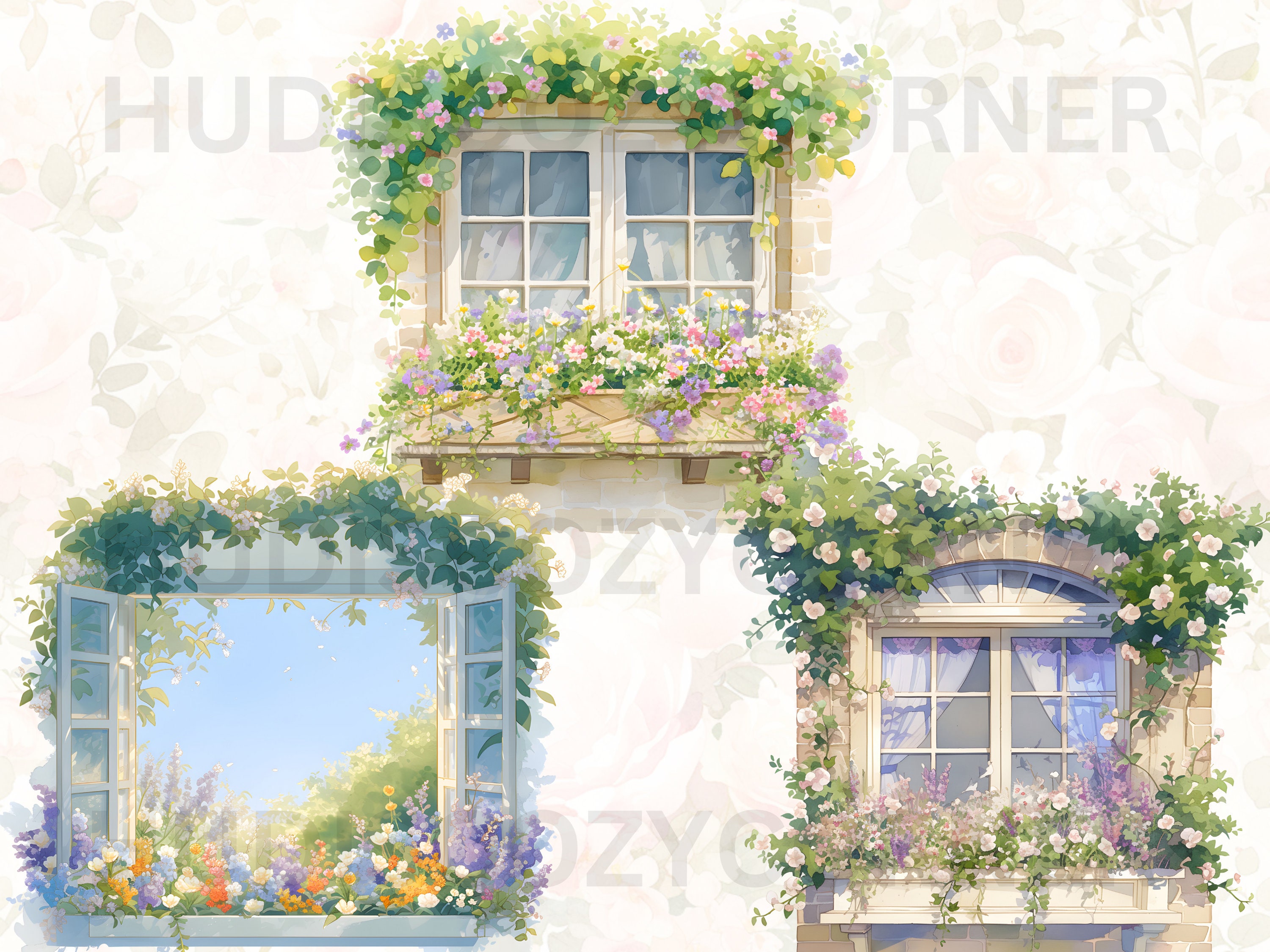 20 Spring Floral Window Clipart, Spring Flower Window View Bundle, Cozy ...