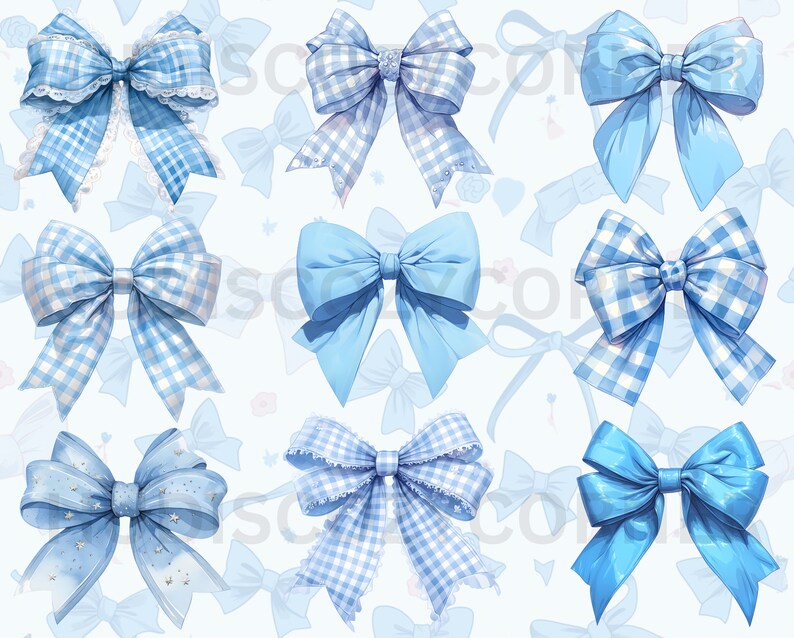 32 Cute Blue Gingham Bow Clipart Bundle, Watercolor Blue Lace and Satin ...