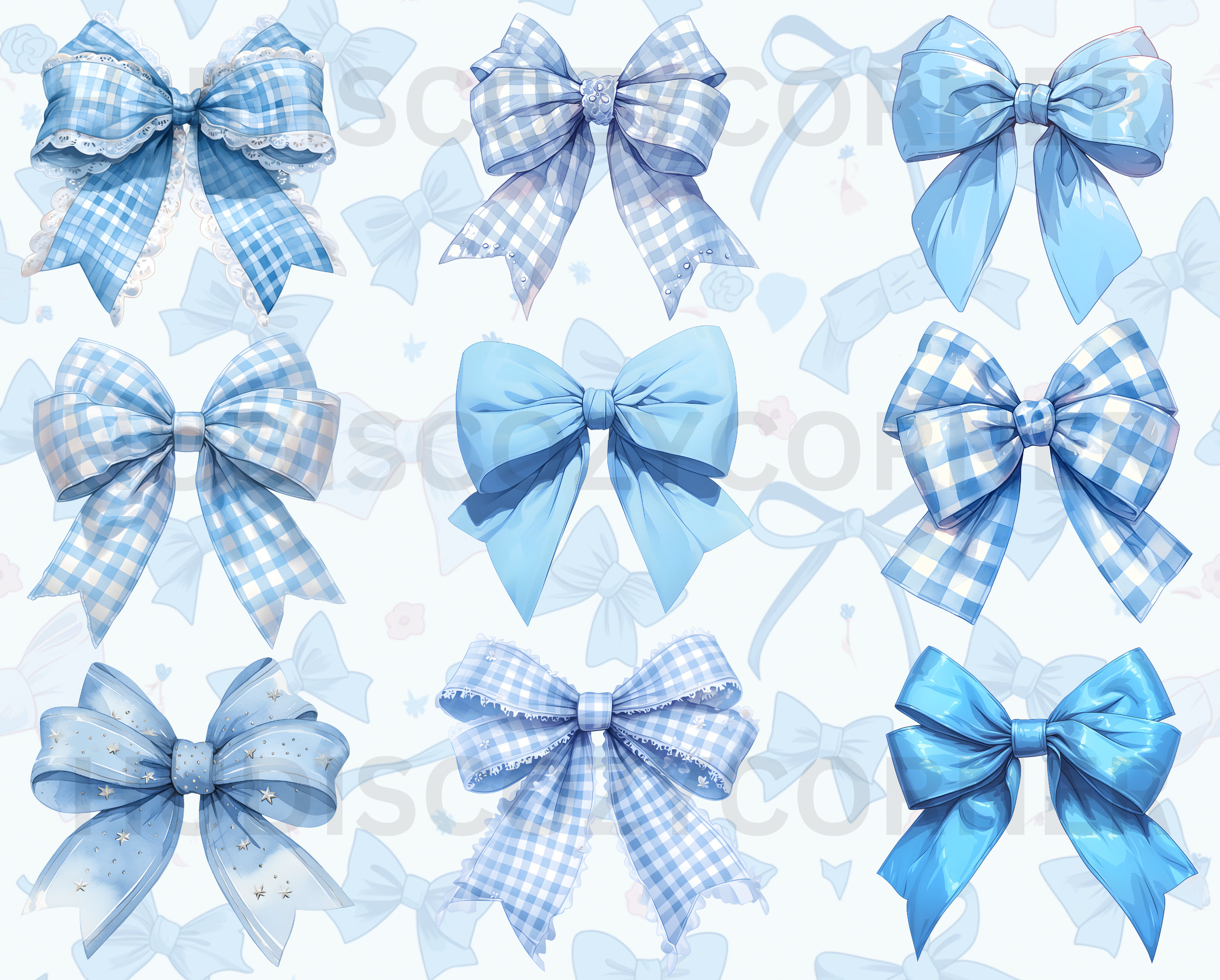 32 Cute Blue Gingham Bow Clipart Bundle, Watercolor Blue Lace and Satin ...