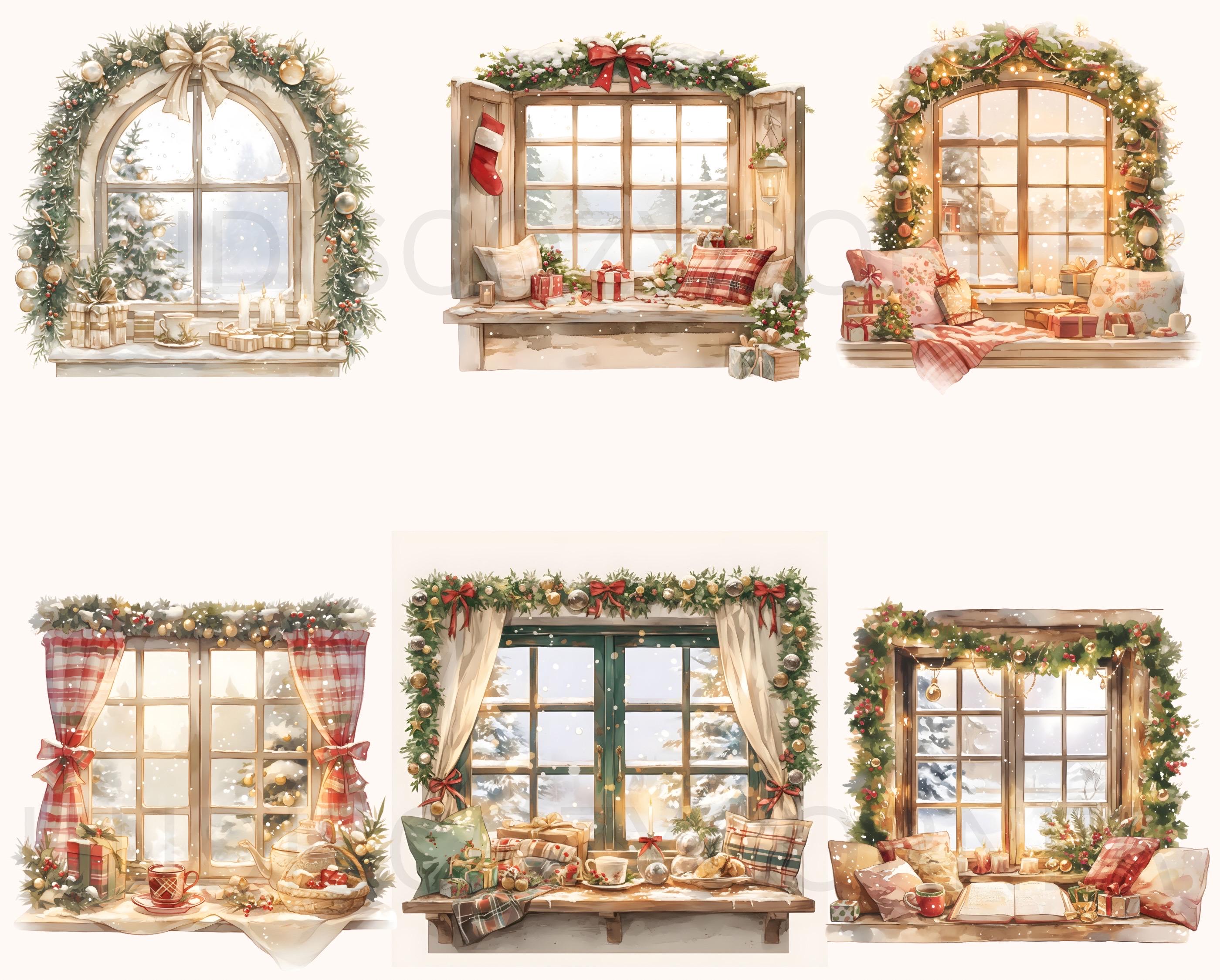 31 Cozy Christmas Window Clipart, Watercolor Winter View, Printable JPG ...