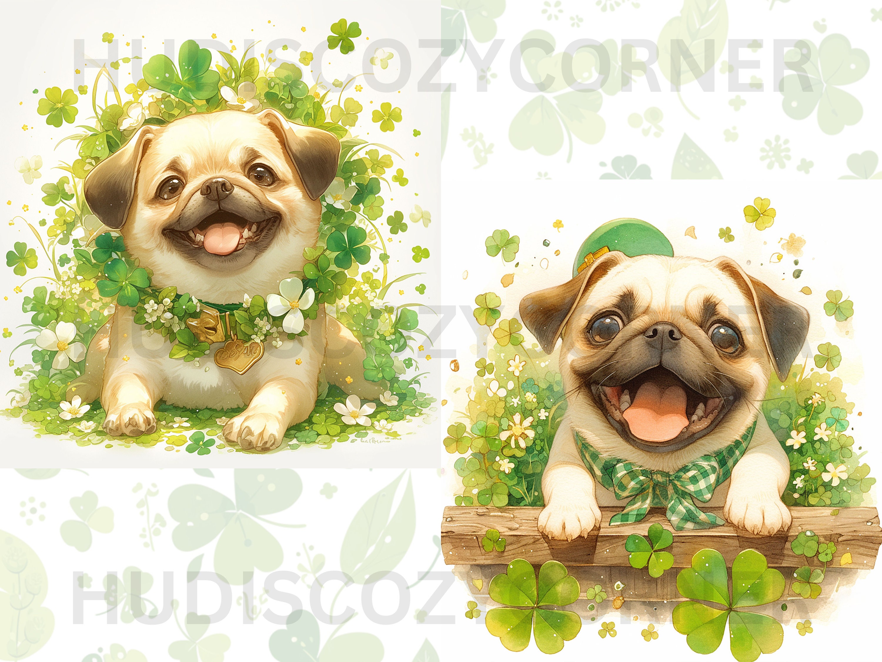 12 Cute St Patricks Day Pug Clipart Bundle, Watercolor Jpg Puppy Image ...