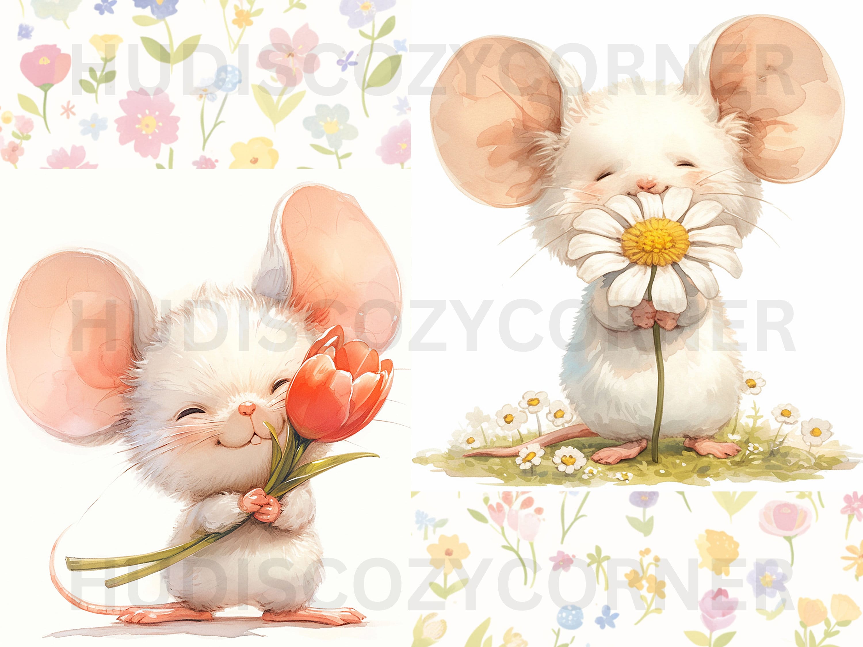 8 Cute Mouse and Flower Clipart, Printable Watercolor Floral Mice ...