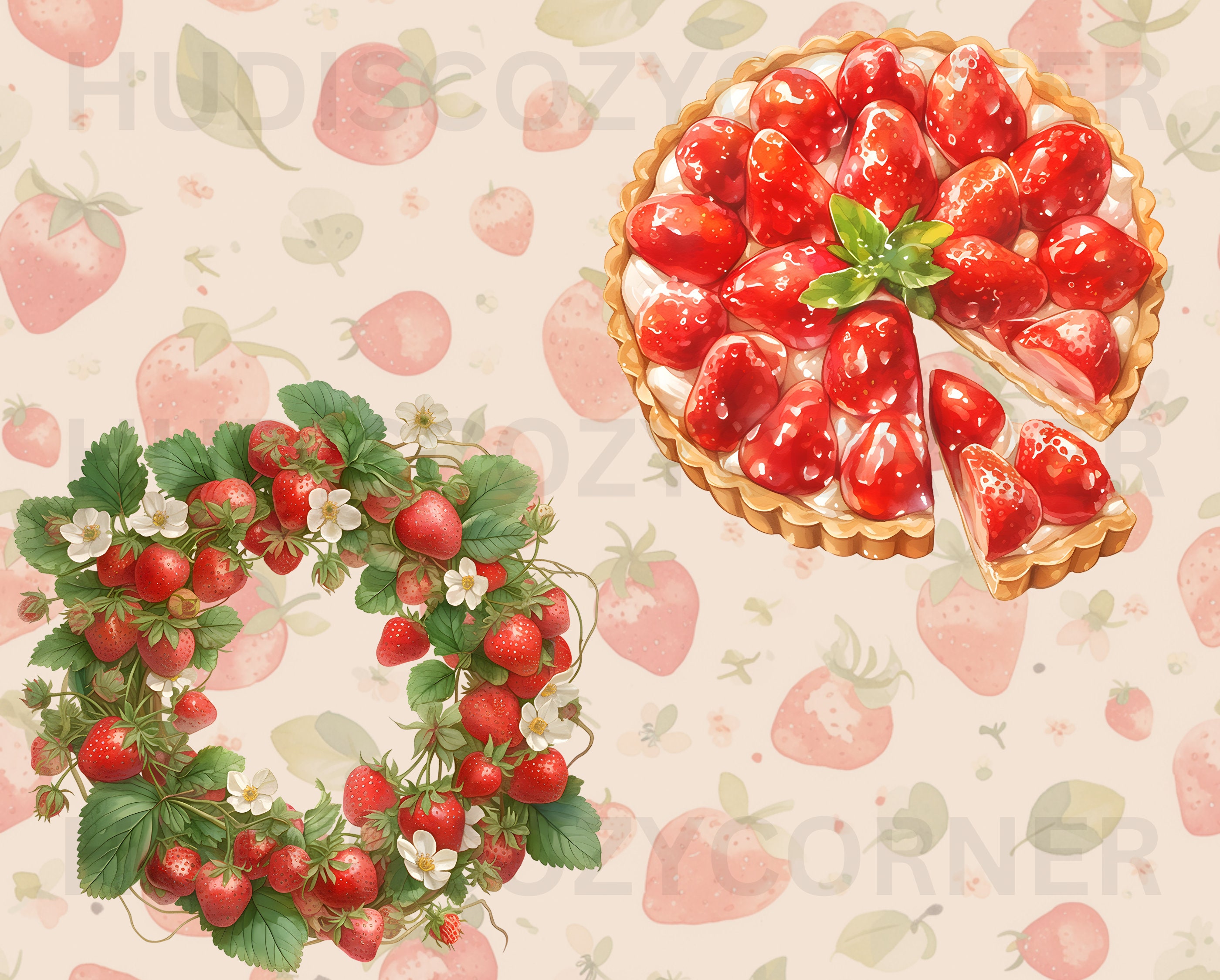 14 Watercolor Strawberry Clipart Bundle, Summer Fruit Graphics, Jam ...