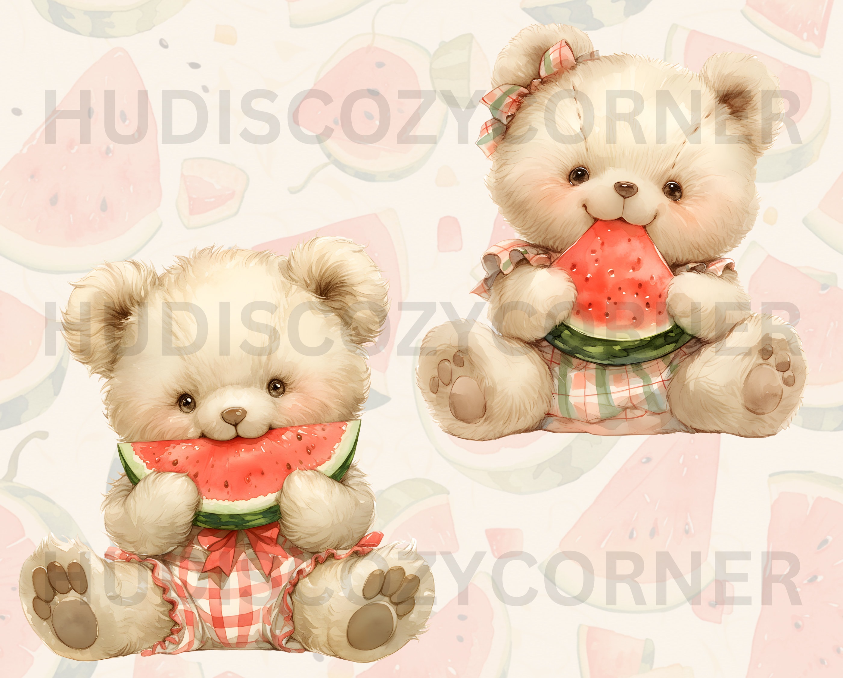 11 Watermelon Teddy Bear Clipart Bundle, Watercolor Summer Fruit ...
