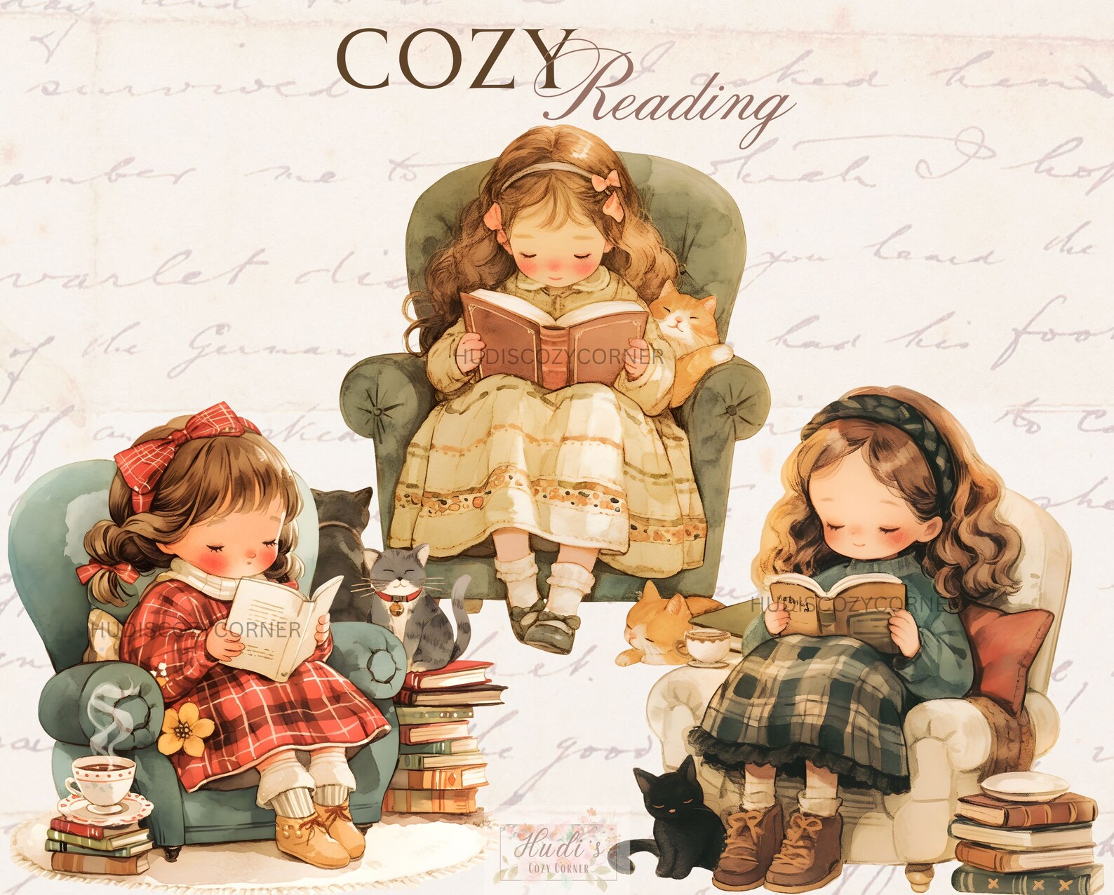 13 Cozy Reading Toddlers Clipart Bundle, Watercolor Autumn Kids With ...