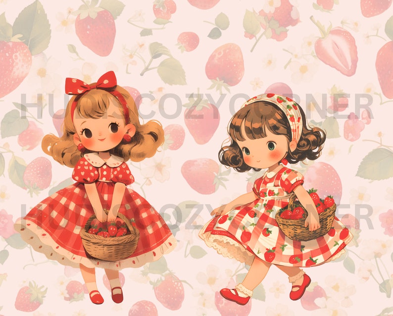 13 Strawberry Girl in Summer Dress Clipart Bundle, Watercolor Vintage ...
