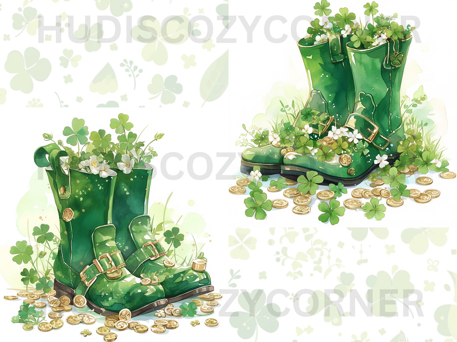 8 St. Patrick's Day Watercolor Boots Clipart, Festive Floral Vintage St ...