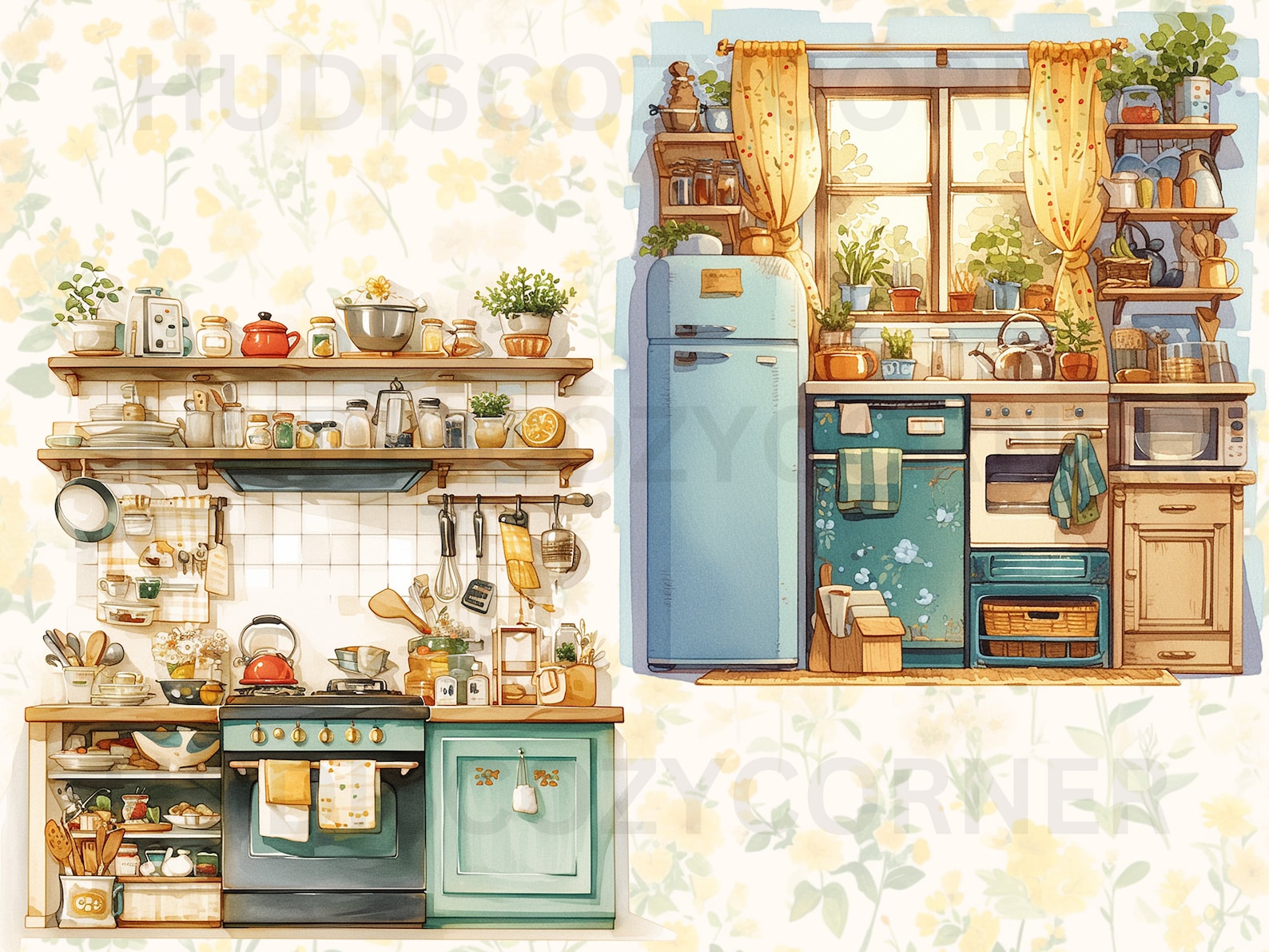 8 Cute & Cozy Kitchen Watercolor Clipart, High Quality PNG, Digital ...