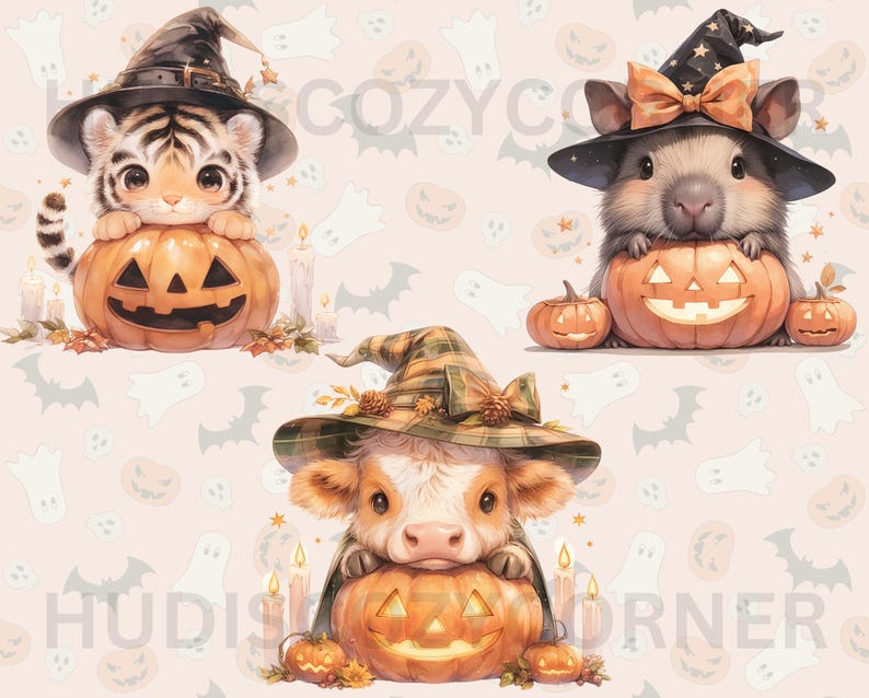 18 Cute Halloween Animal Clipart Bundle, Watercolor Baby Animal in ...