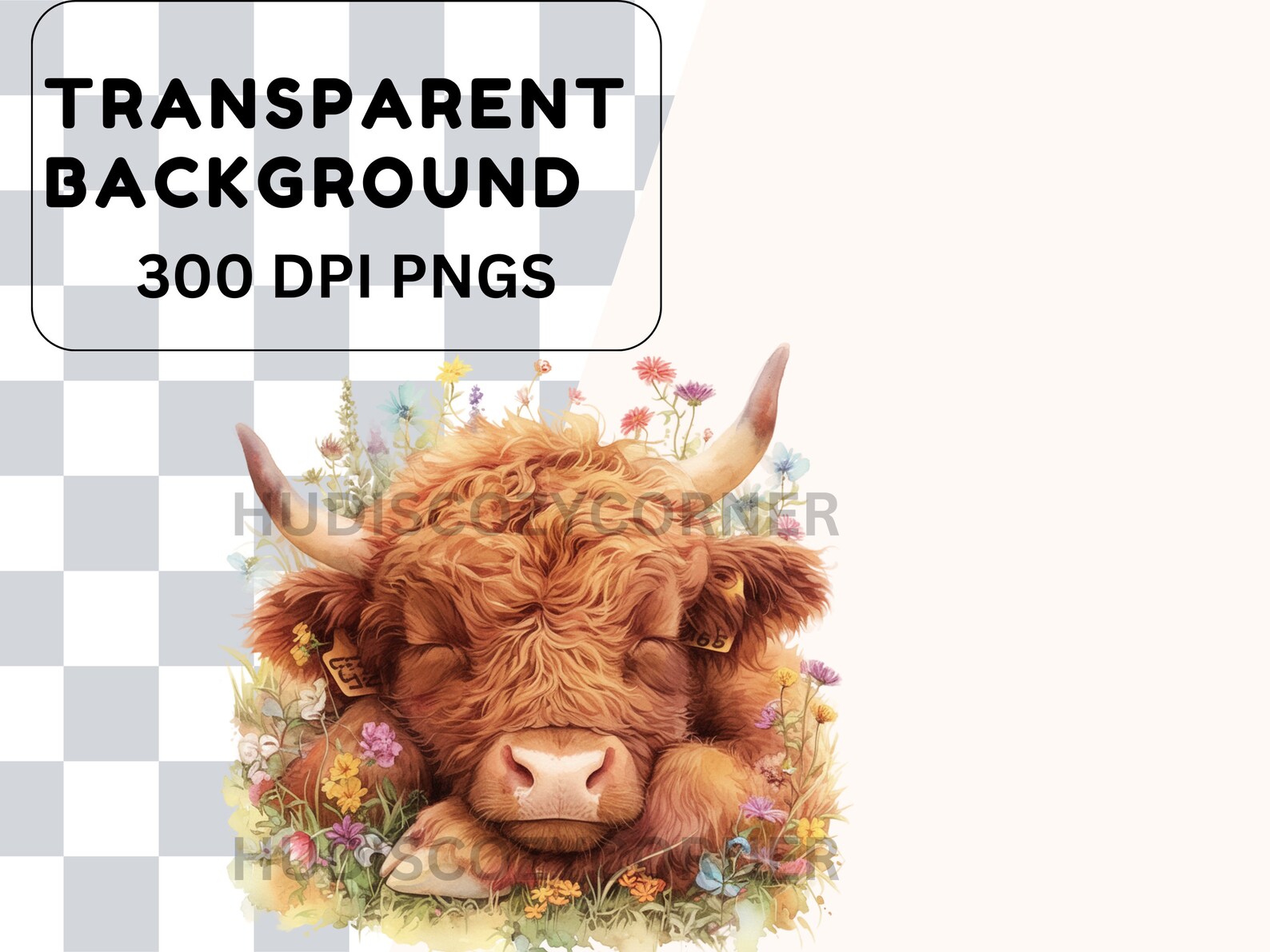 4 Baby Watercolor Sleeping Highland Cow Clipart PNG, Cute Animal ...