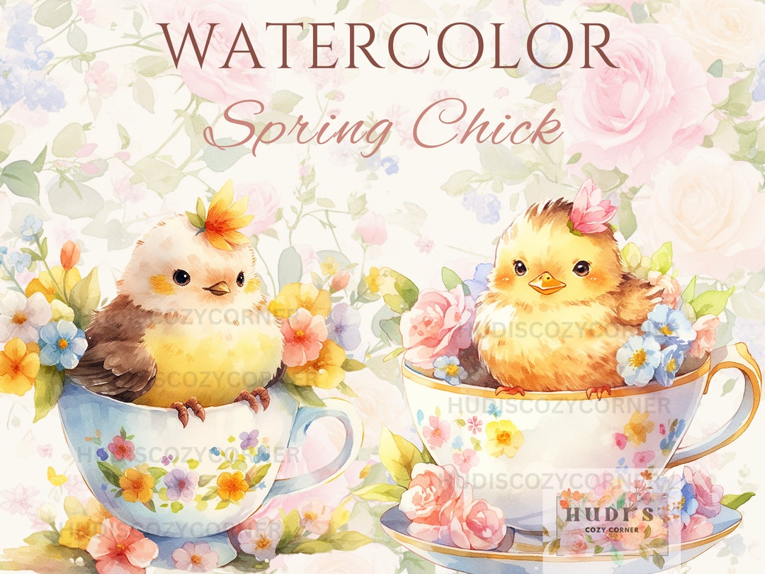 10 Spring Watercolor Baby Chicks in Teacups Clipart Bundle, Spring ...