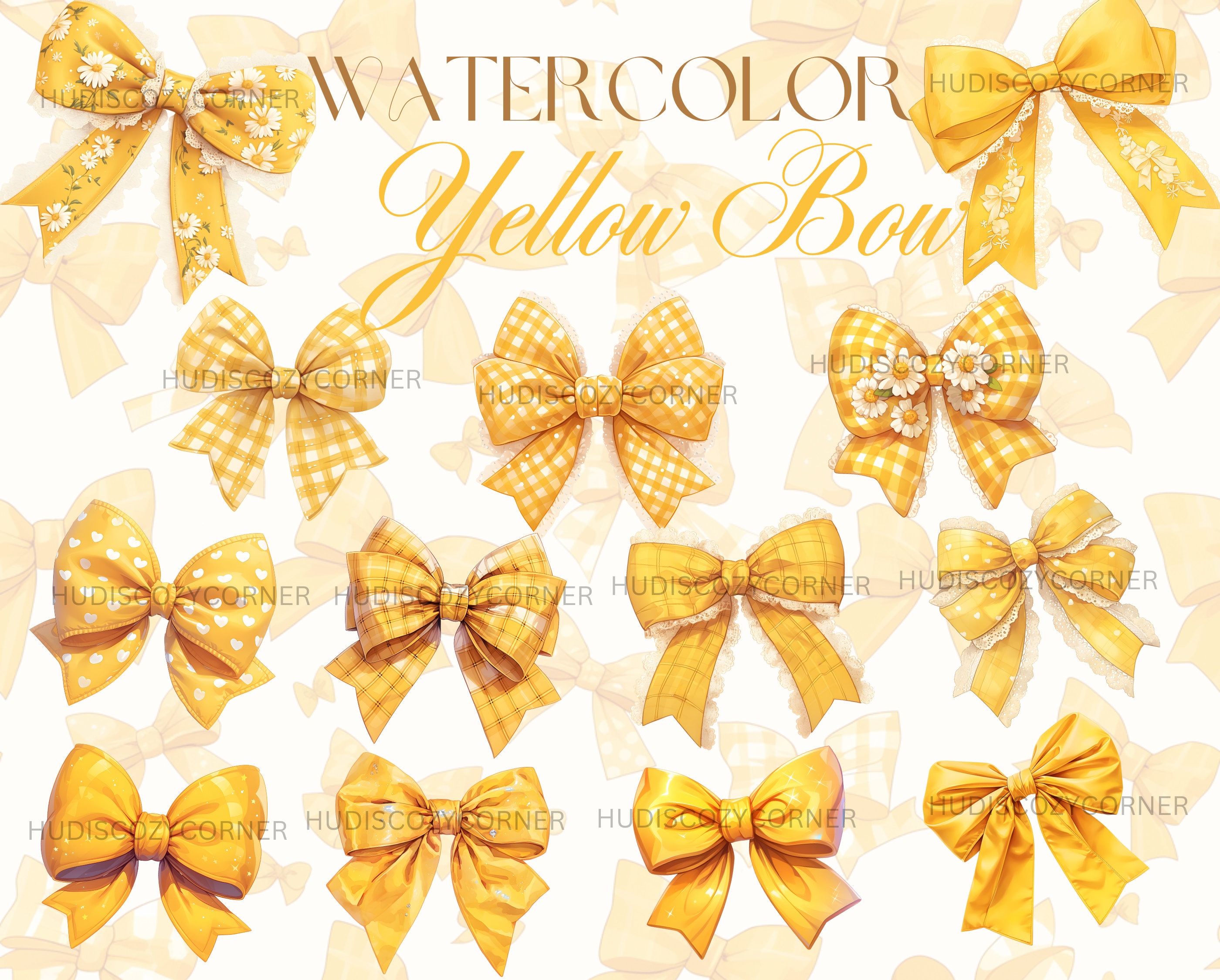 30 Cute Yellow Gingham Bow Clipart Bundle, Watercolor Yellow Ribbon ...