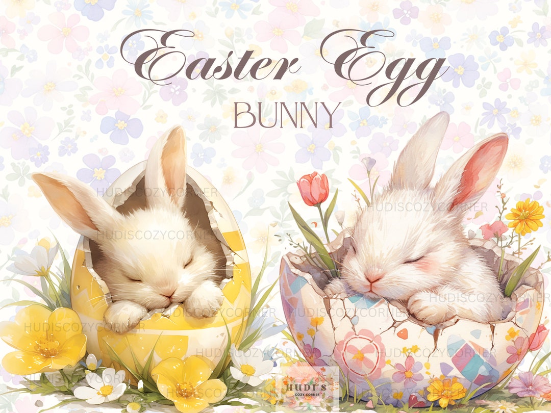 12 Cute Sleeping Bunny in Easter Egg, Watercolor Spring Baby Bunnies ...