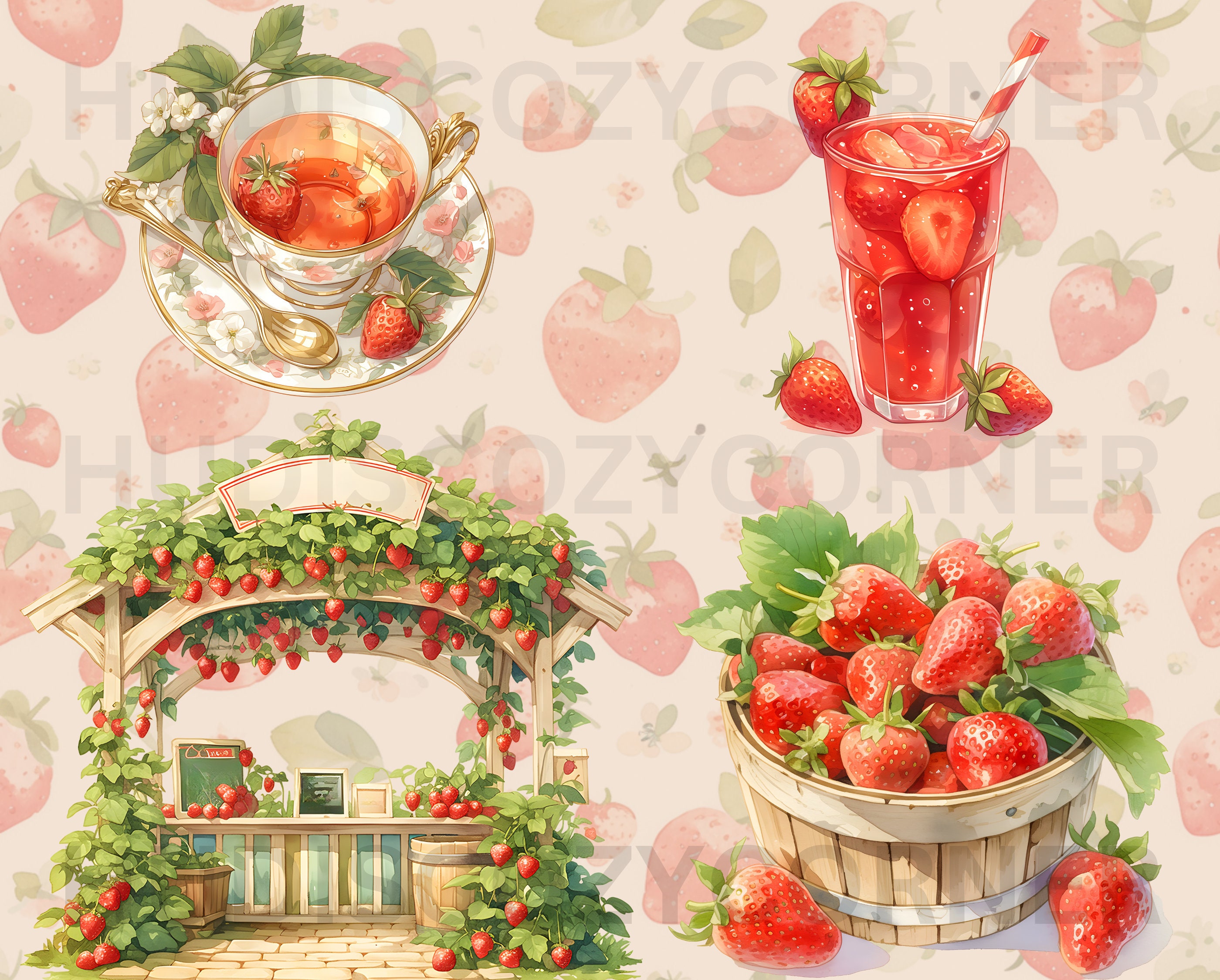 14 Watercolor Strawberry Clipart Bundle, Summer Fruit Graphics, Jam ...
