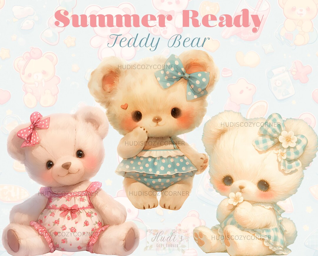 20 Cute Teddy Bear in Swimwear Clipart Bundle, Watercolor Vintage ...