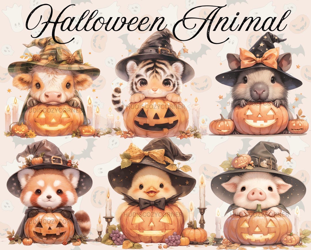 18 Cute Halloween Animal Clipart Bundle, Watercolor Baby Animal in ...