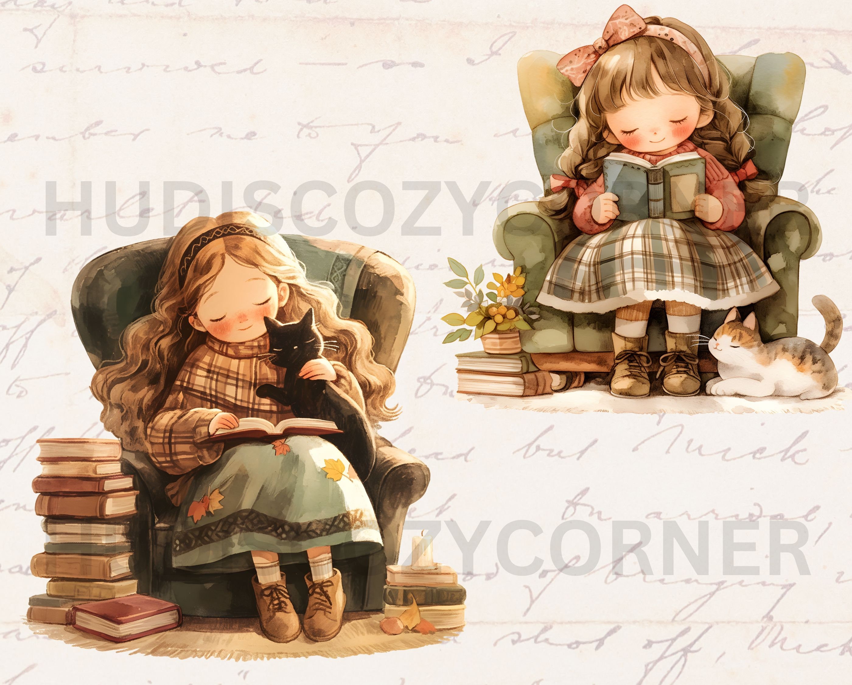 13 Cozy Reading Toddlers Clipart Bundle, Watercolor Autumn Kids With ...