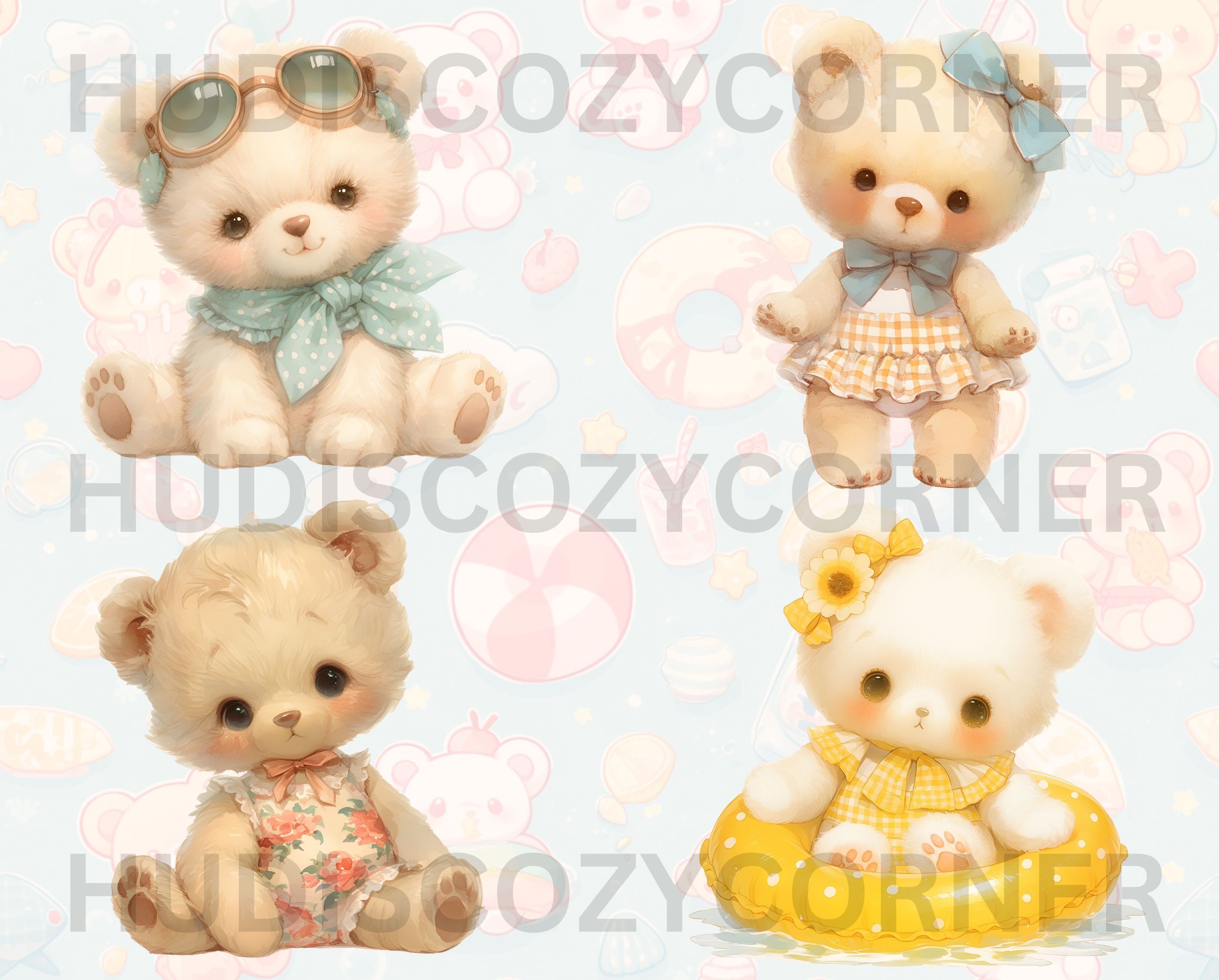 20 Cute Teddy Bear in Swimwear Clipart Bundle, Watercolor Vintage ...