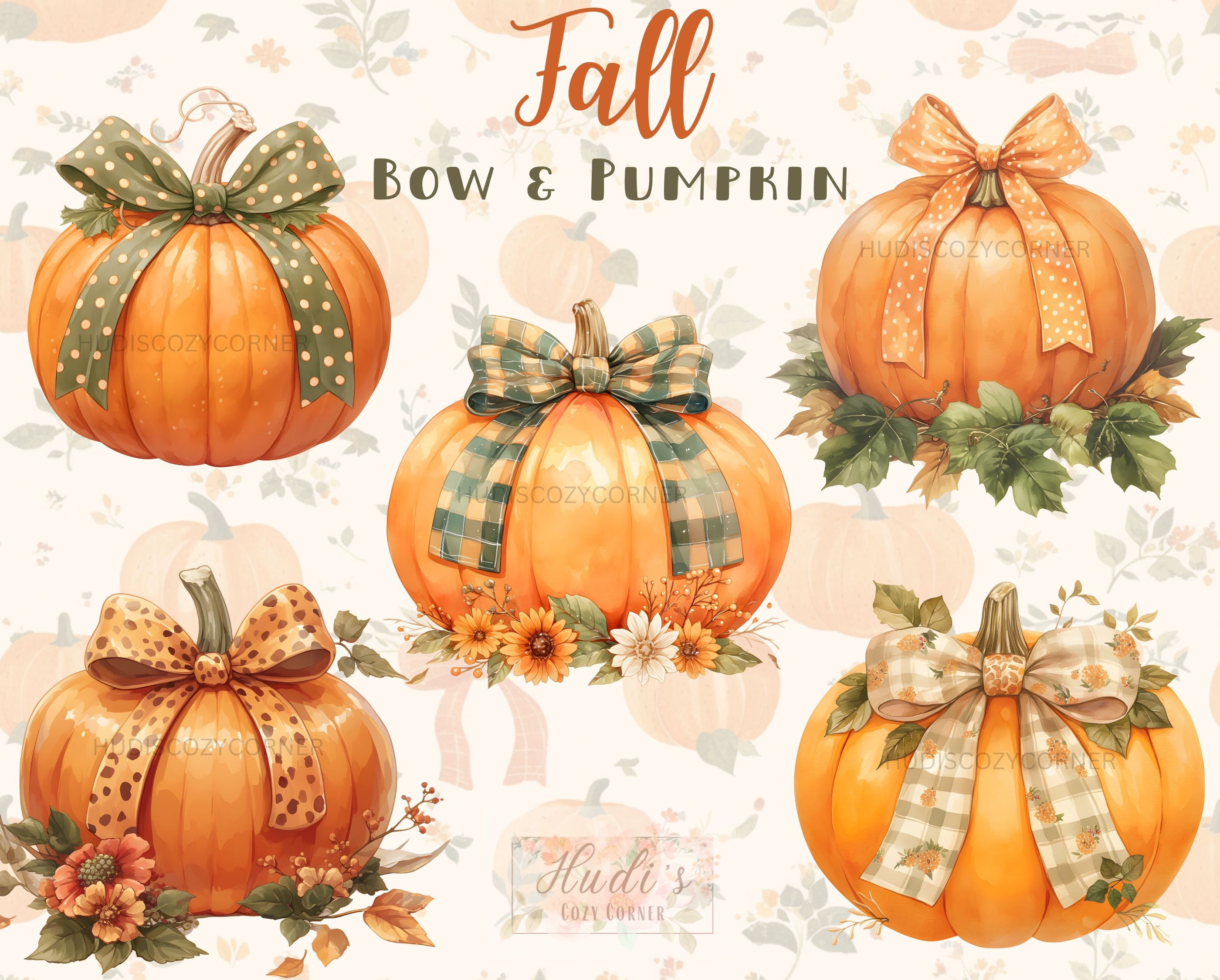 16 Fall Pumpkin With Bow Clipart Bundle, Watercolor Cozy Autumn ...