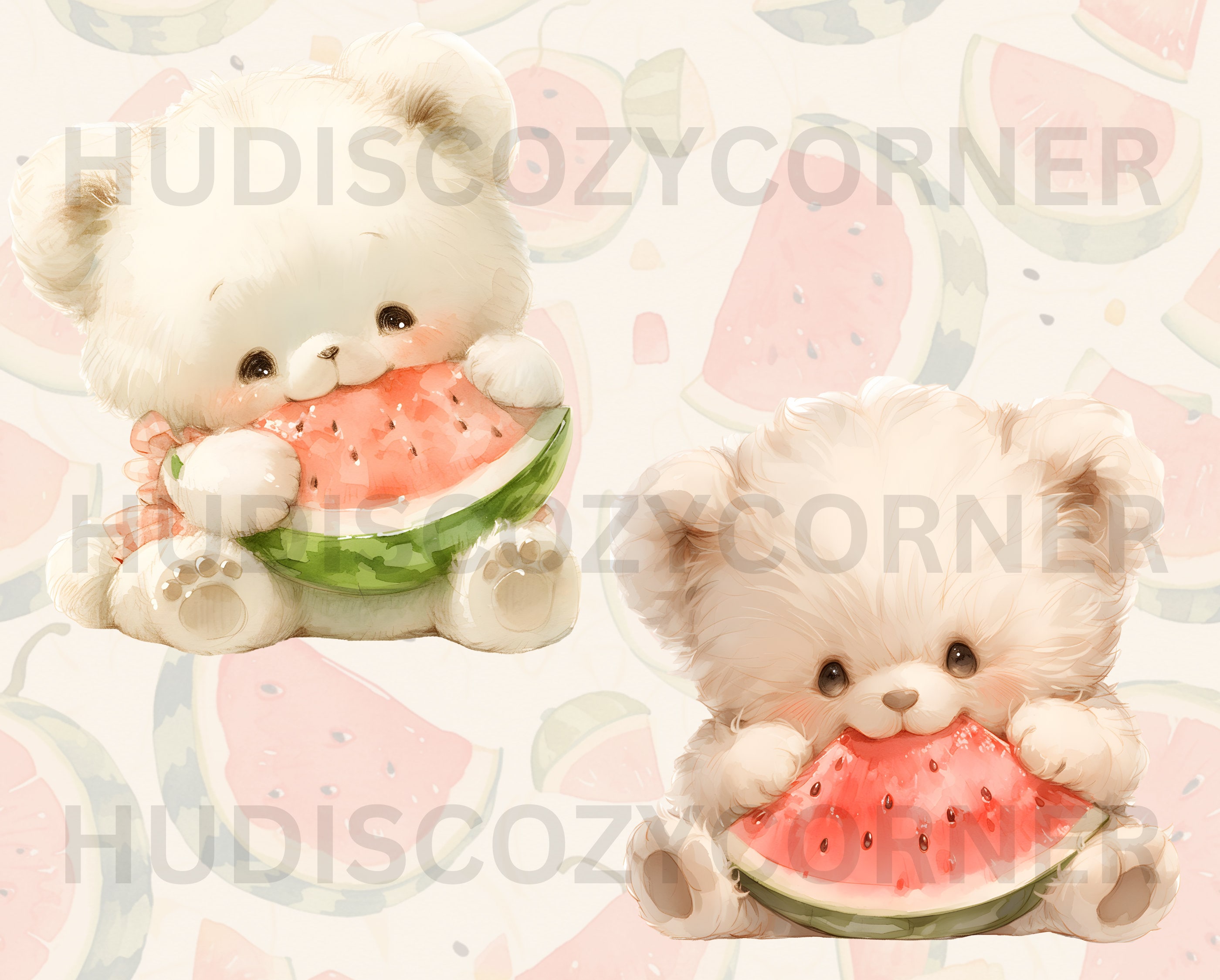 11 Watermelon Teddy Bear Clipart Bundle, Watercolor Summer Fruit ...