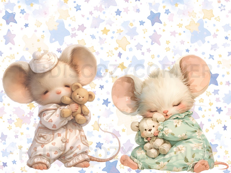 8 Cute Mouse in Pajama Clipart, Watercolor Mice in Pajamas Bundle, PNG ...