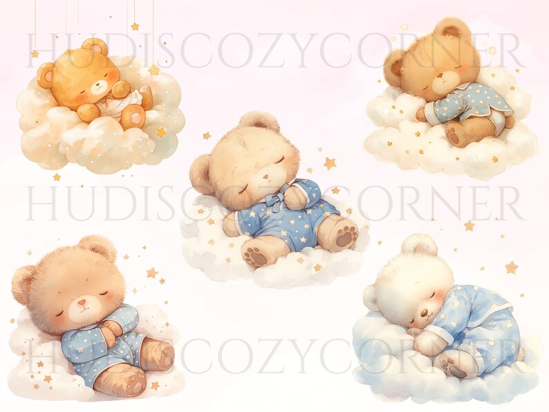 25 Cute Sleeping Teddy Bear on Cloud Clipart Bundle, Watercolor Sleepy ...