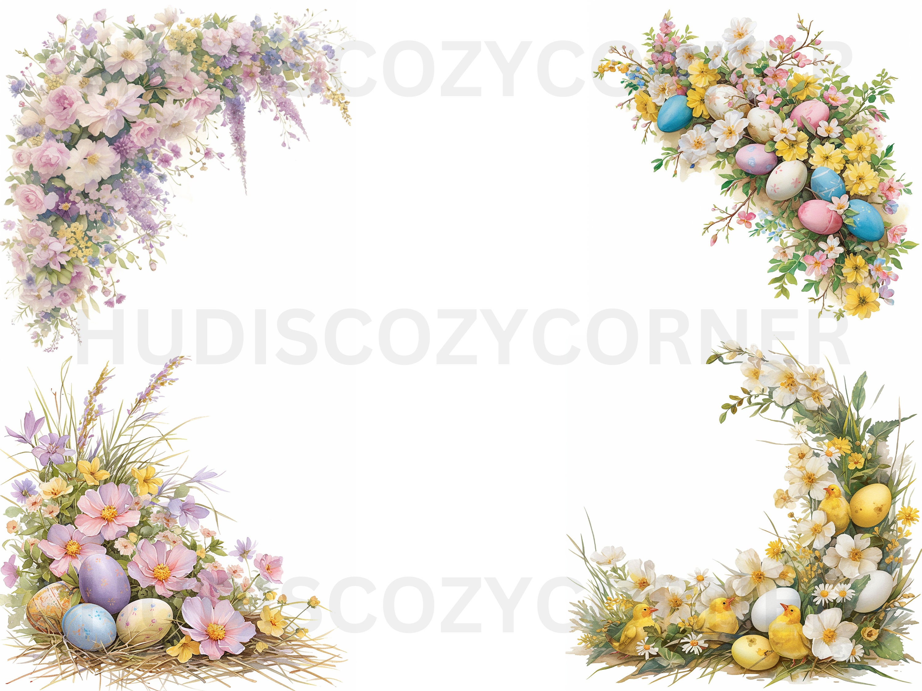 15 Easter Flower Clipart Border, Watercolor Spring Corners, JPG Bundle ...
