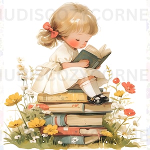 9 Vintage Reading Toddlers Clipart Bundle, Watercolor Spring Kids ...