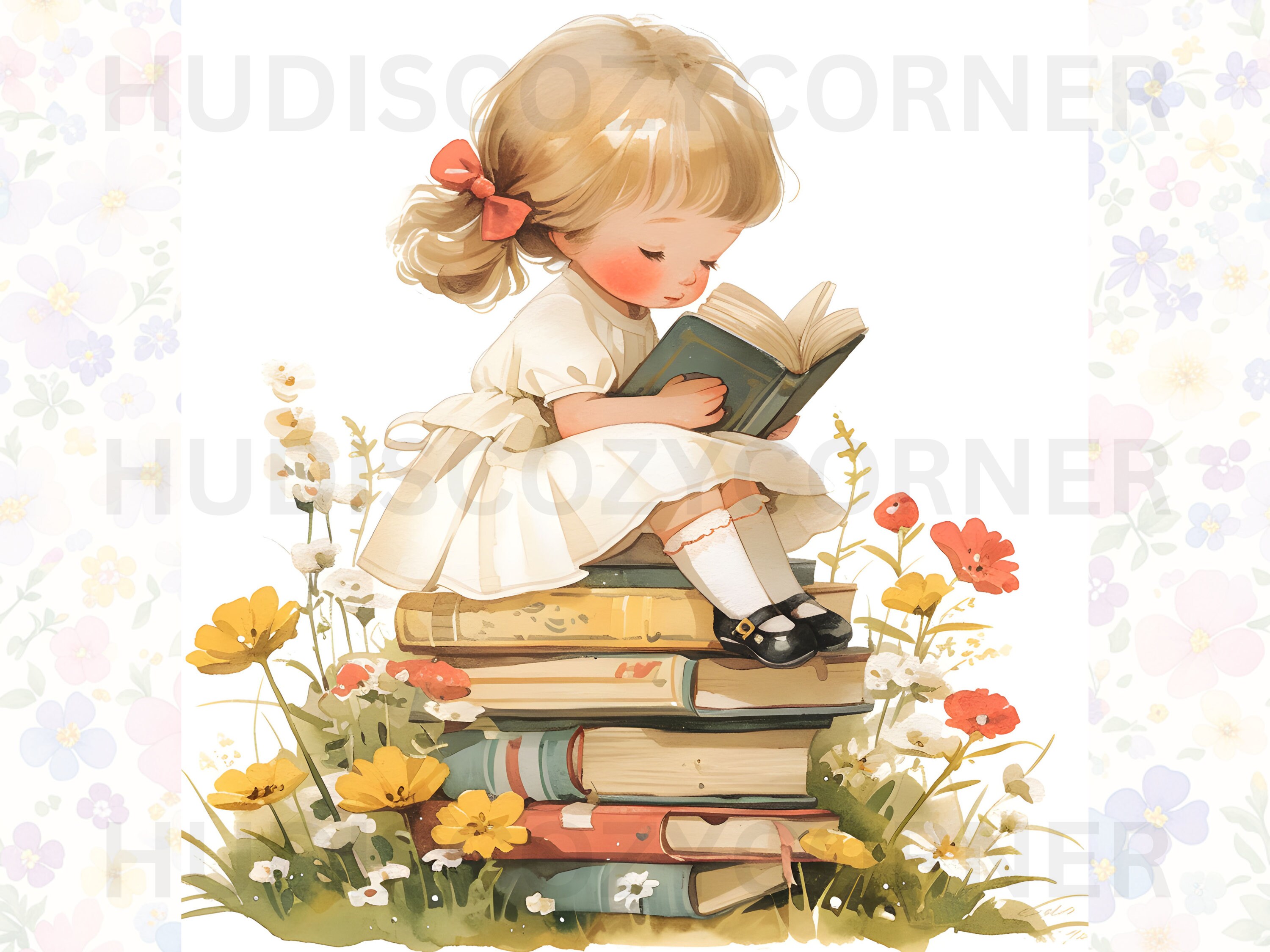 9 Vintage Reading Toddlers Clipart Bundle, Watercolor Spring Kids ...