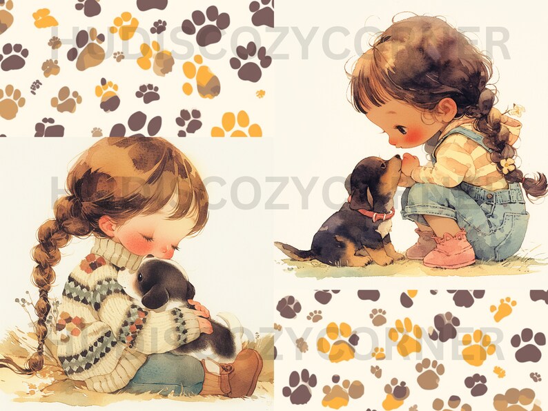 11 Cute Girl With Puppy Clipart, Watercolor Vintage Friendship Bundle ...
