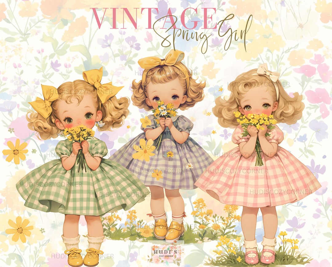 10 Vintage Spring Girl Clipart Bundle, Cute Floral Summer Girls in ...