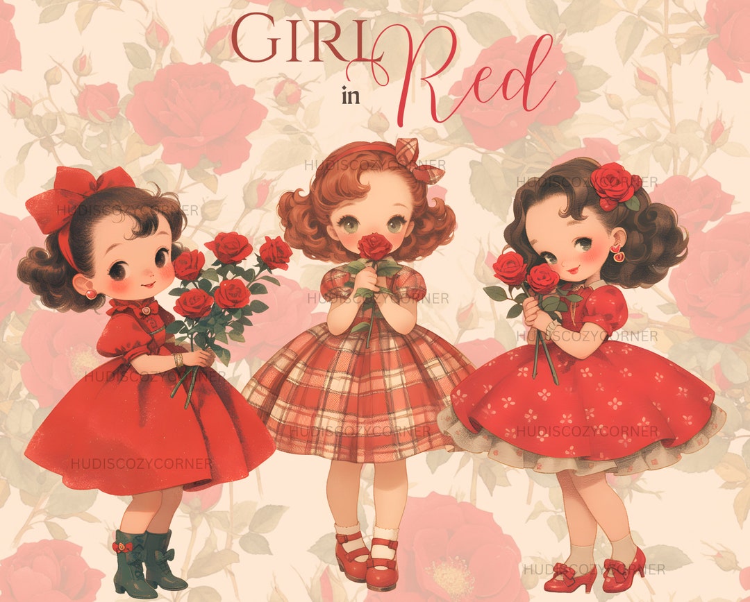 10 Vintage Girl in Red Clipart Bundle, Watercolor Spring Retro Girl in ...