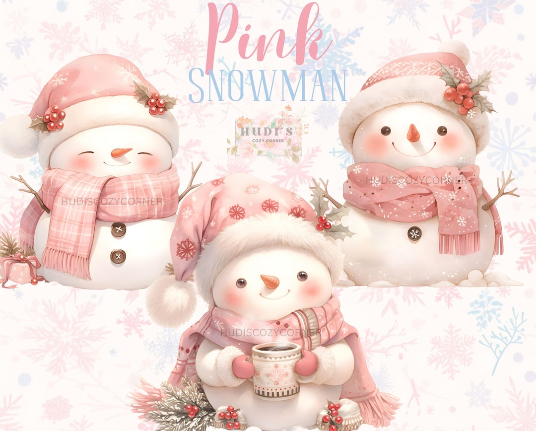 23 Cute Pink Snowman Clipart Bundle, Watercolor Christmas Snowman ...
