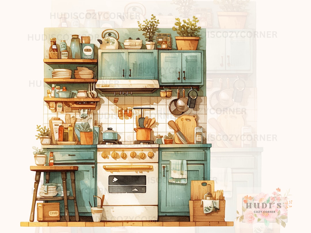 8 Cute & Cozy Kitchen Watercolor Clipart, High Quality PNG, Digital ...