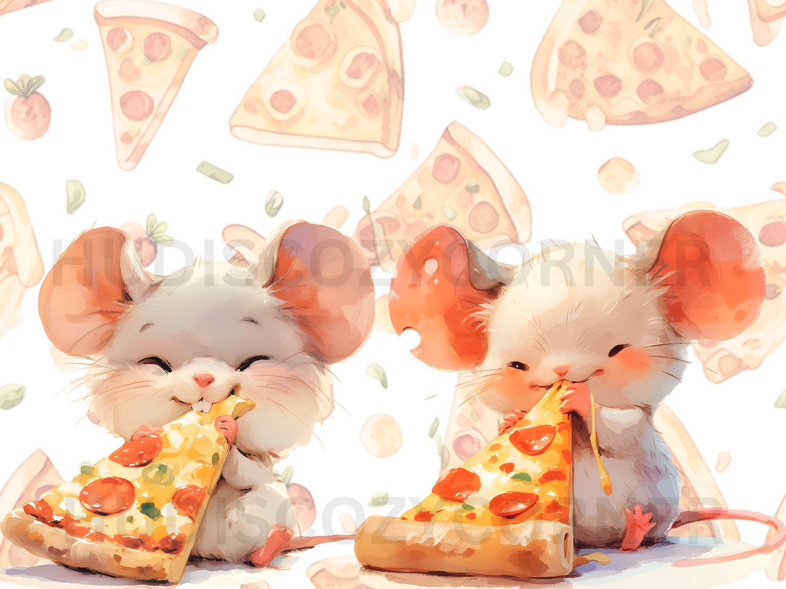 10 Cute Mice Eating Pizza Clipart, Printable Watercolor Mouse Bundle ...